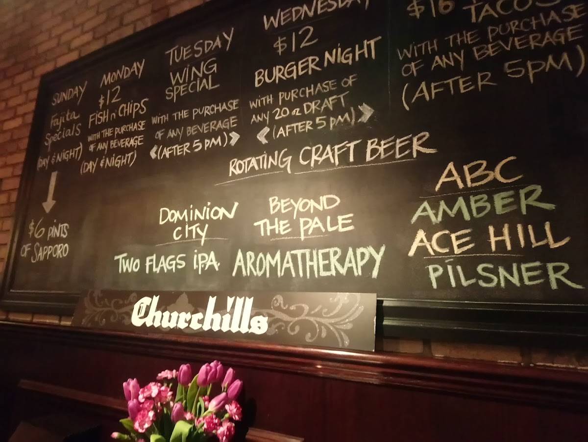 Menu at Churchills pub & bar, Ottawa