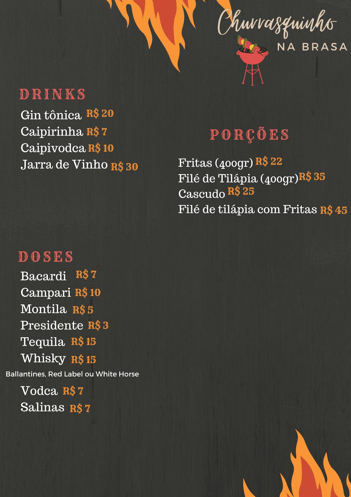 Menu at Churrasquinho Na Brasa pub & bar, Vespasiano