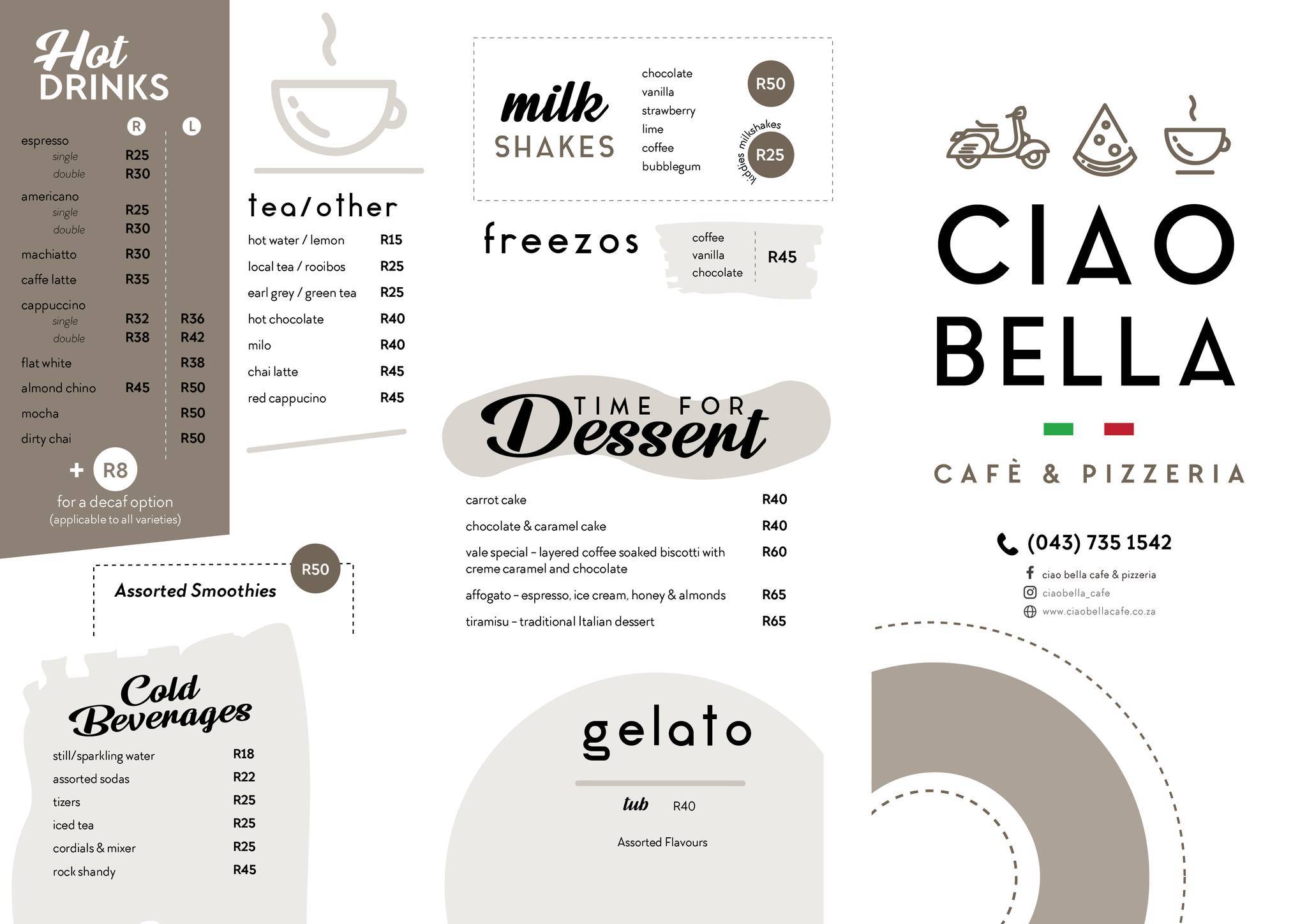 Menu at Ciao Bella Cafe & Pizzeria, East London