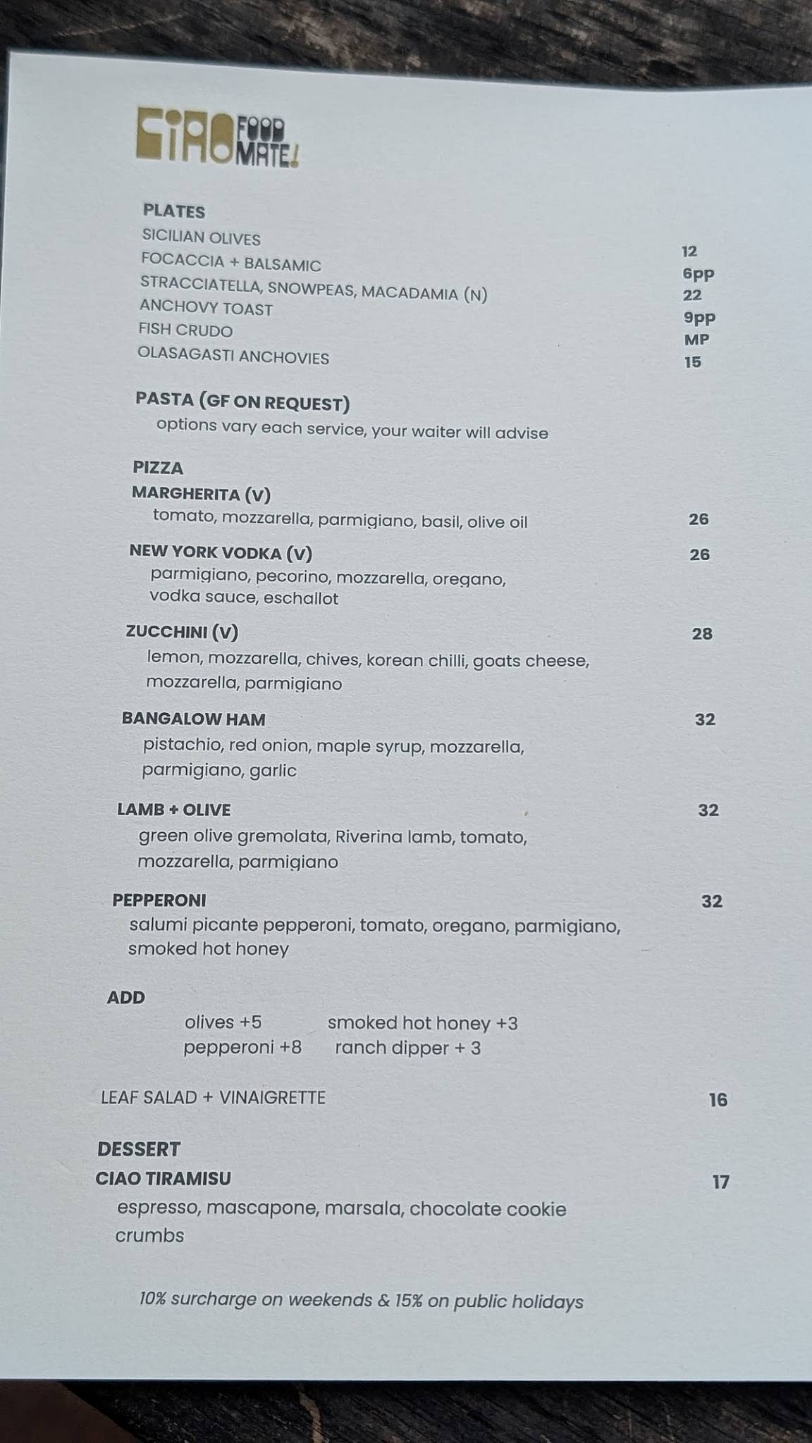 Menu at Ciao, Mate! restaurant, Bangalow