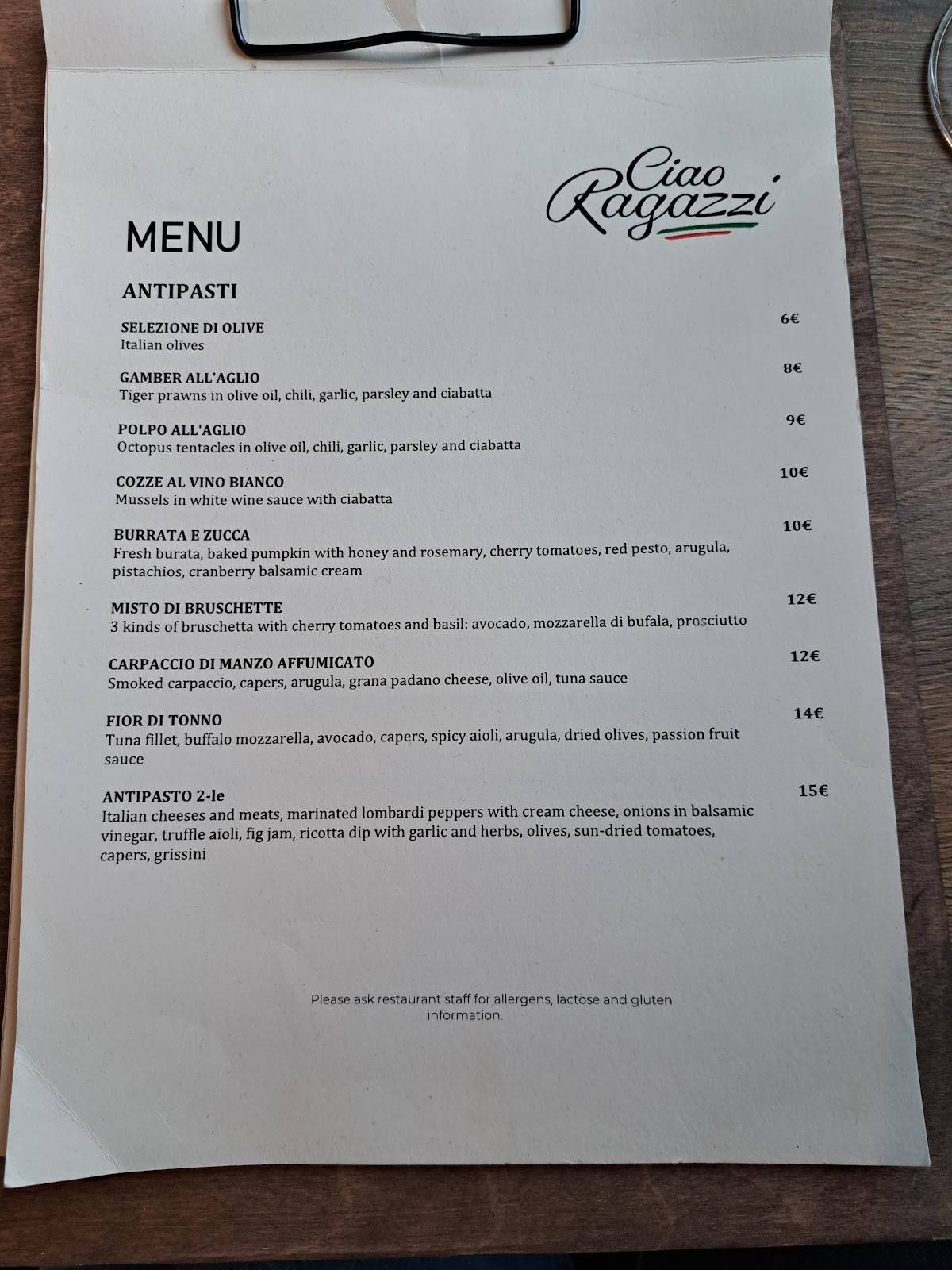 Menu at Ciao Ragazzi Restoran restaurant, Tallinn