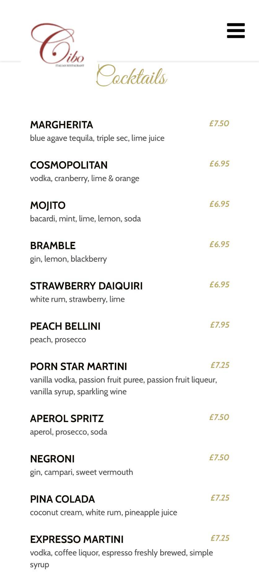 Menu at Cibo Restaurant, Edinburgh, 1 Southroad End