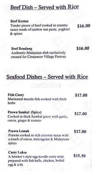 Menu at Cinnamon Village restaurant, Wellington