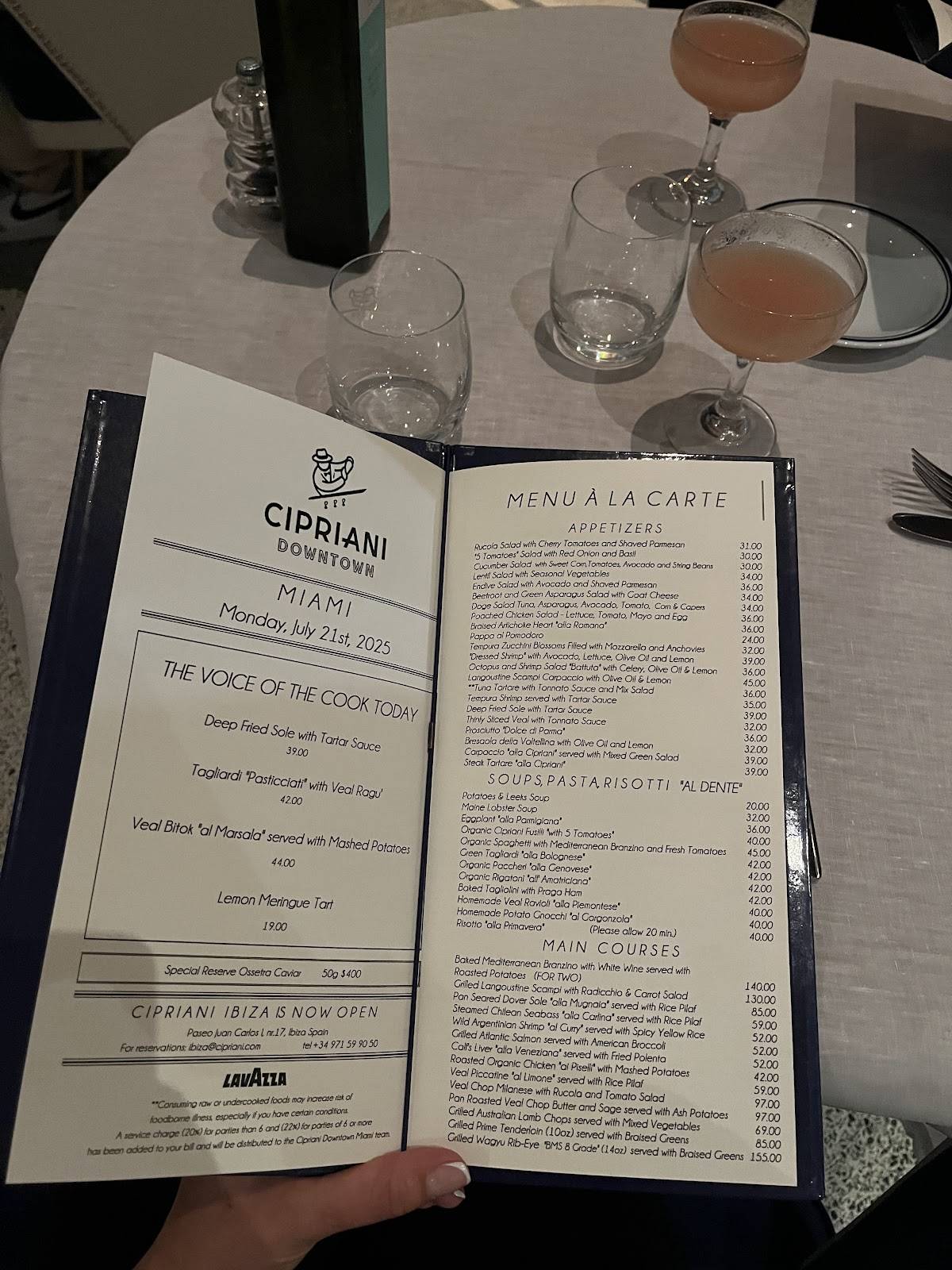 Menu at Cipriani Downtown Miami restaurant, Miami