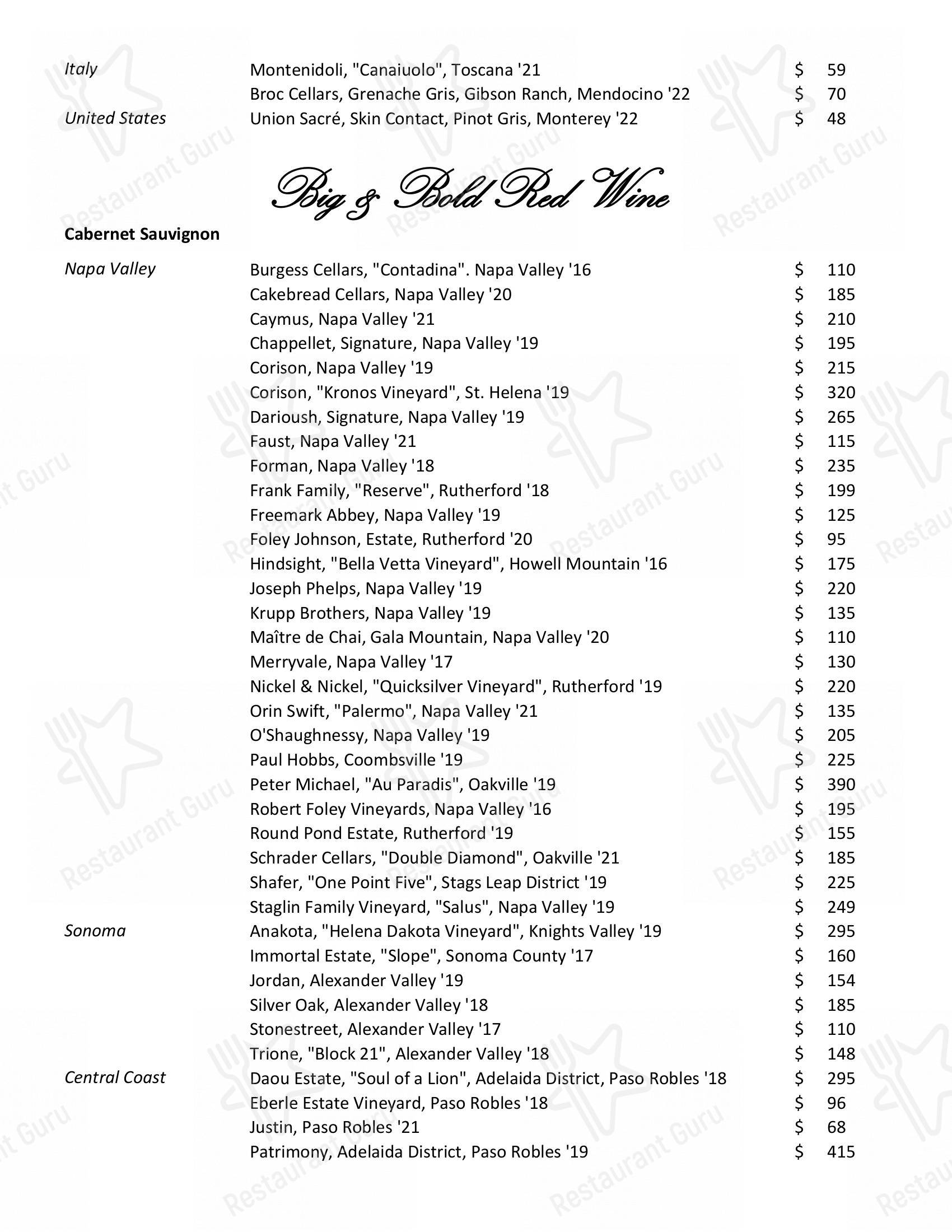 Carta de Circa 1886 Restaurant, Charleston