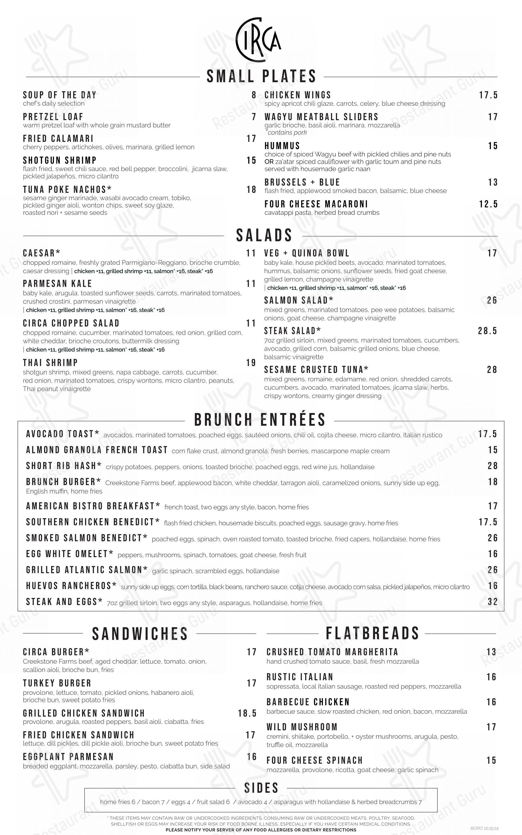 Menu at Circa at The Boro pub & bar, Tysons