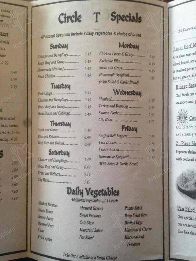 Menu at Circle T Restaurant, Hazard
