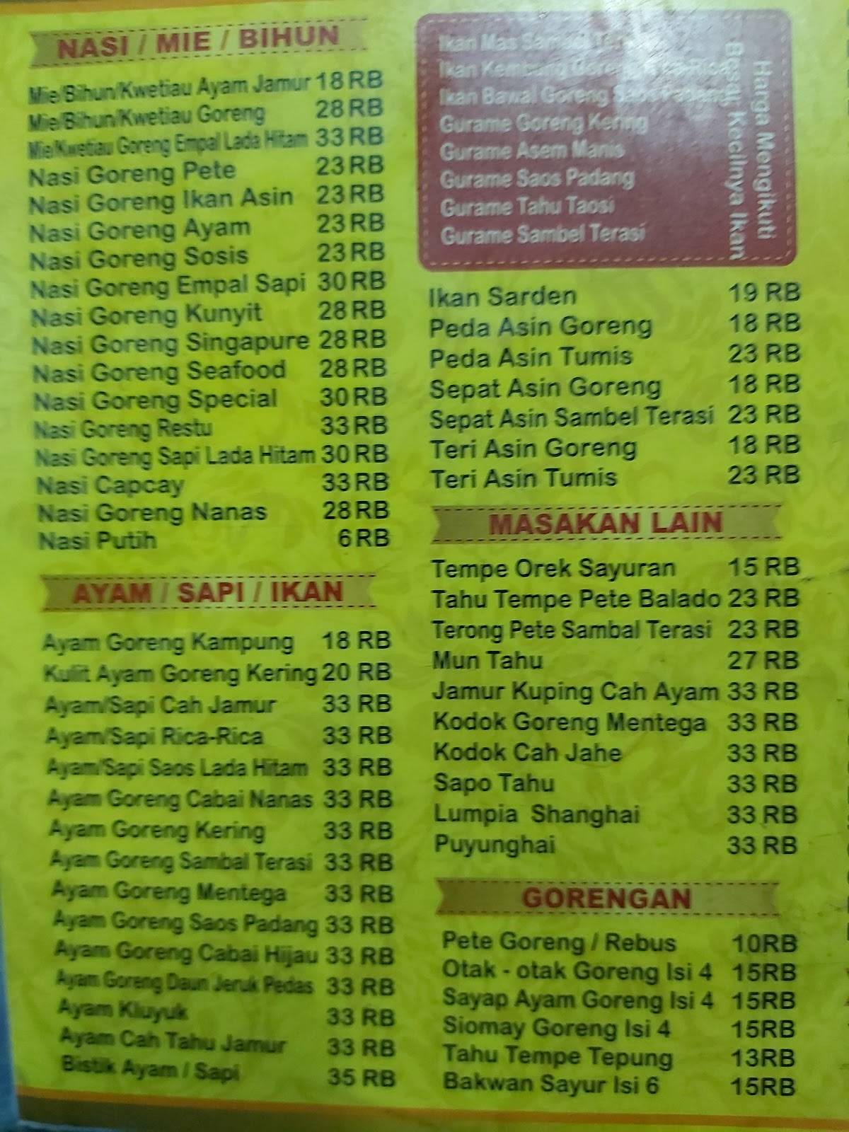 Menu at Cita Rasa Restu restaurant, West Jakarta, Jalan Mangga Besar VI ...