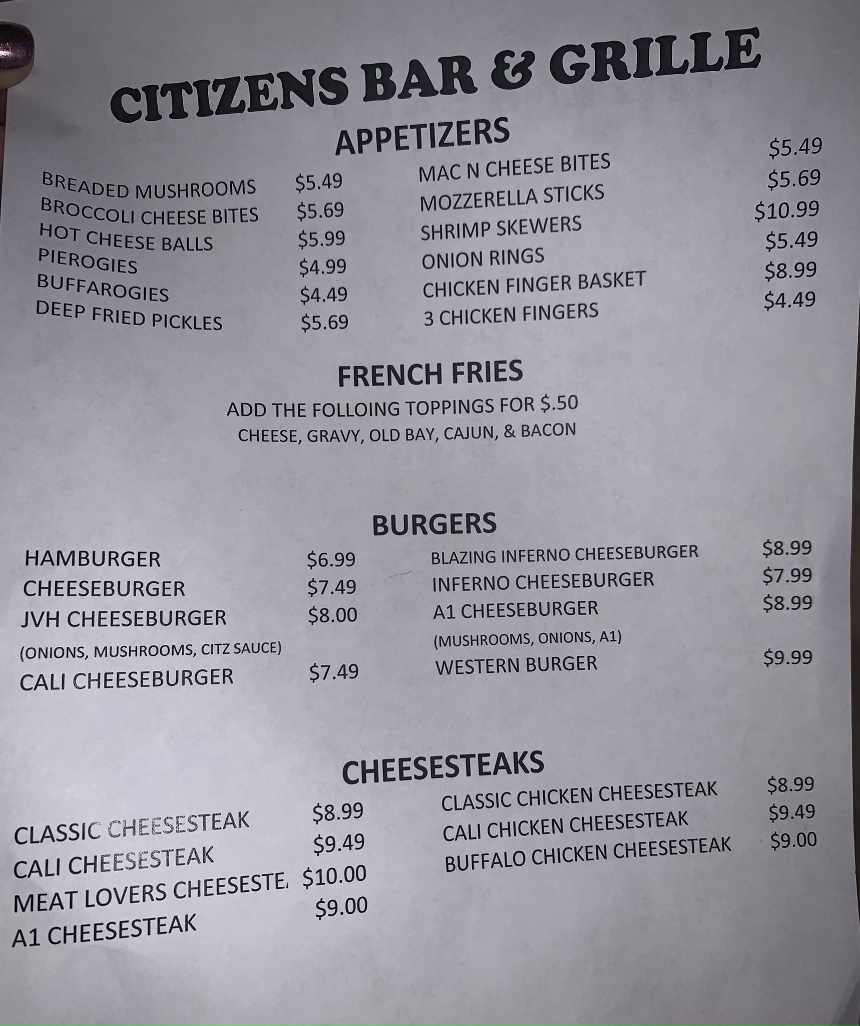 Menu at Citz Bar & Grill, Mahanoy City