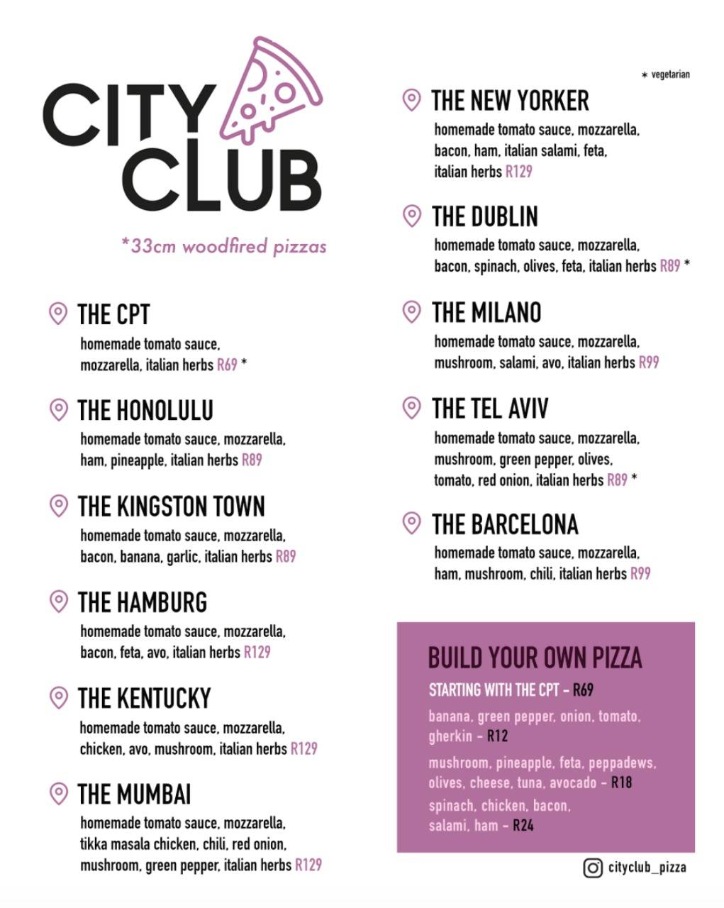 Menu at City Club Pizza, Cape Town