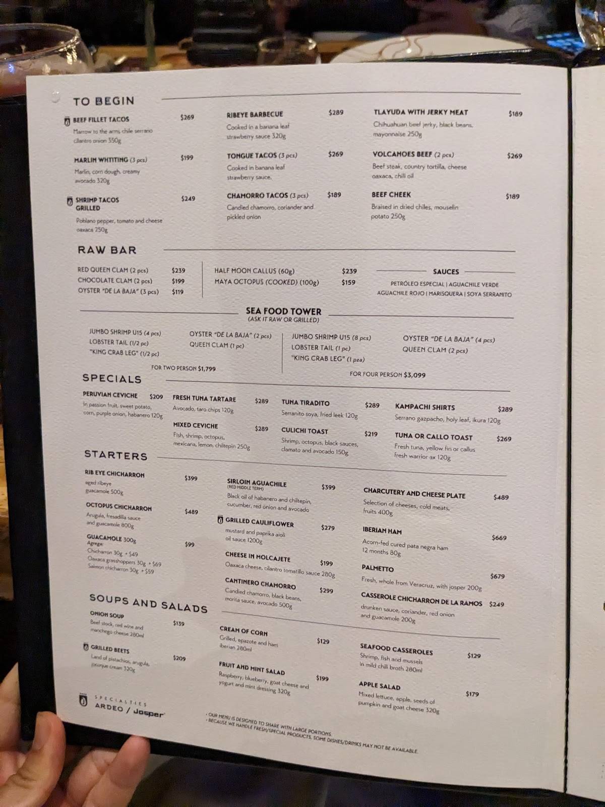 Menu at ARDEO restaurant, Ciudad Juarez