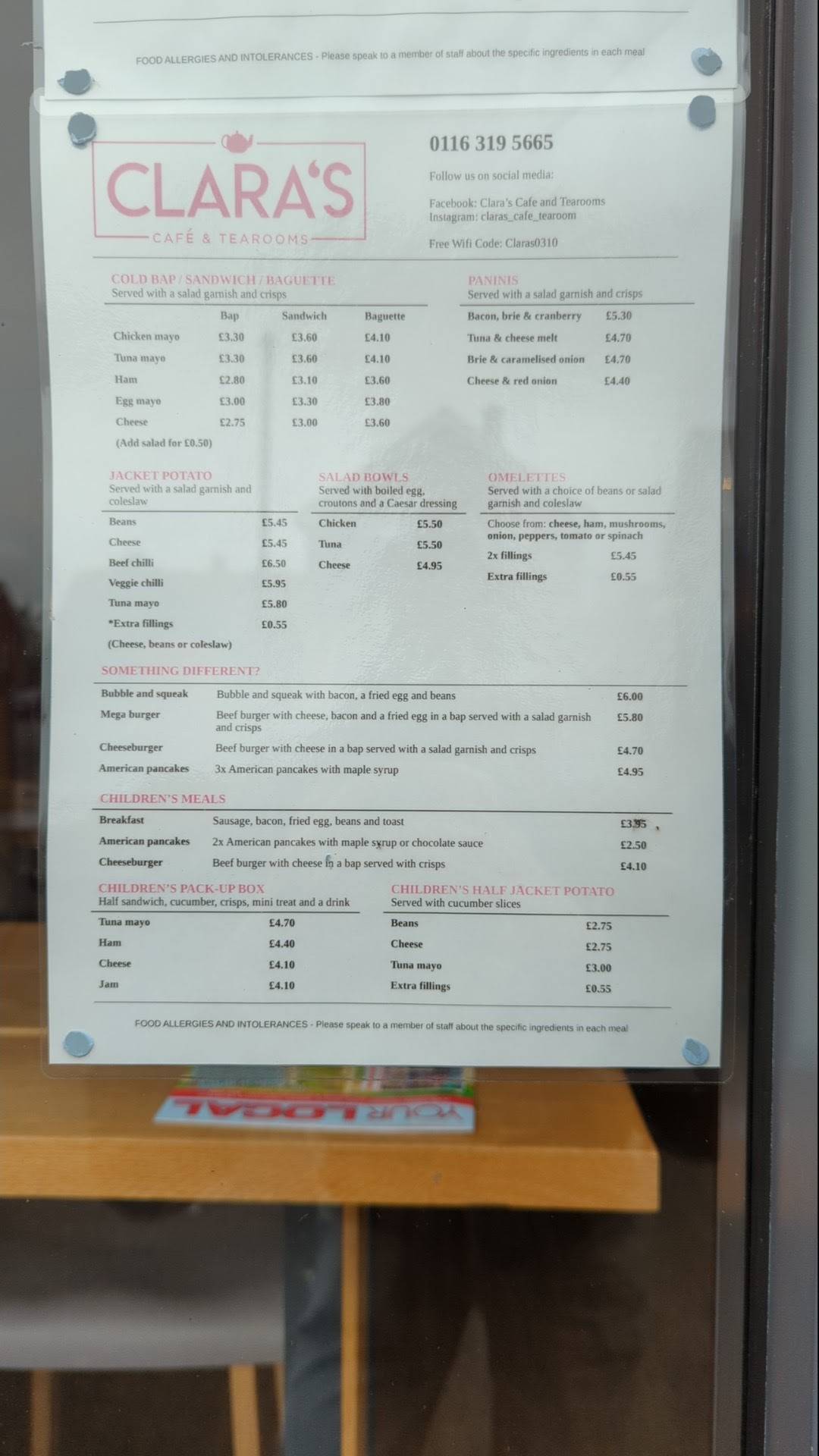 Menu at Clara's Cafe & Tearooms, Leicester
