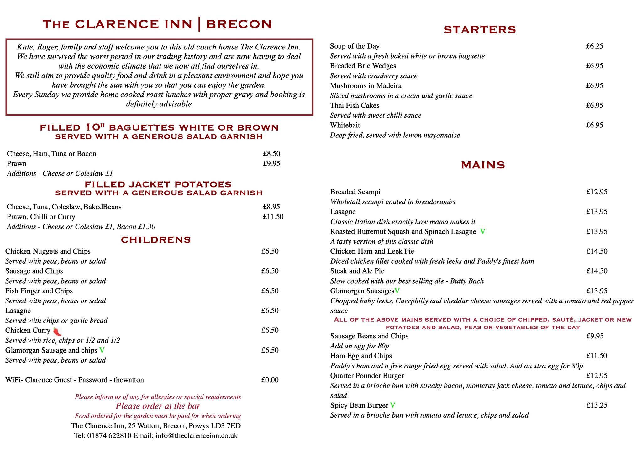 Menu at Clarence Inn pub & bar, Brecon
