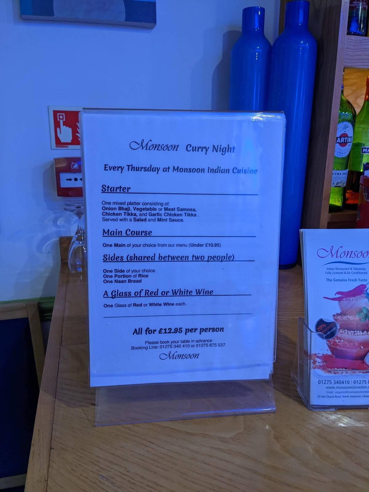 Menu at Monsoon restaurant, Clevedon