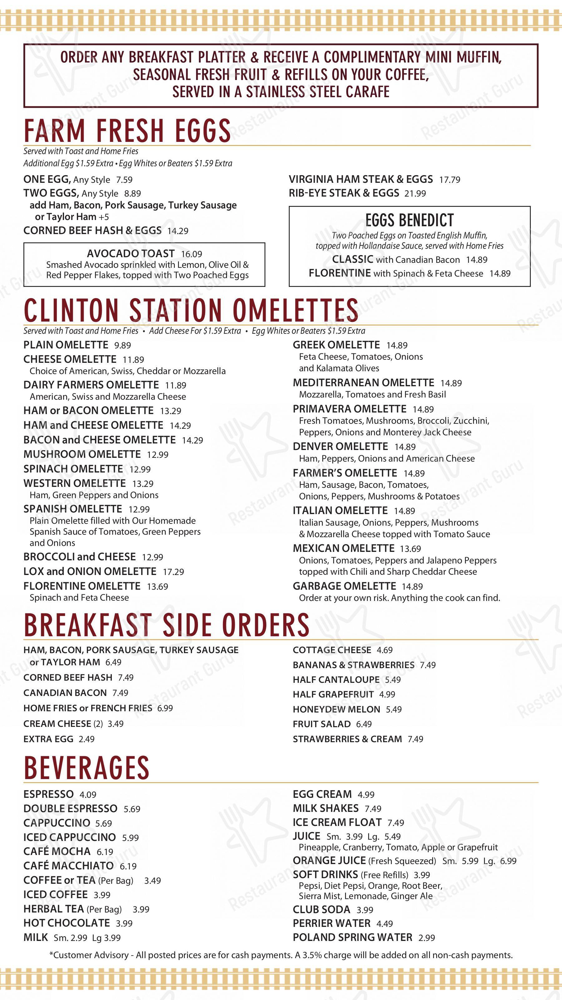 Menu at Clinton Station Diner restaurant, Clinton