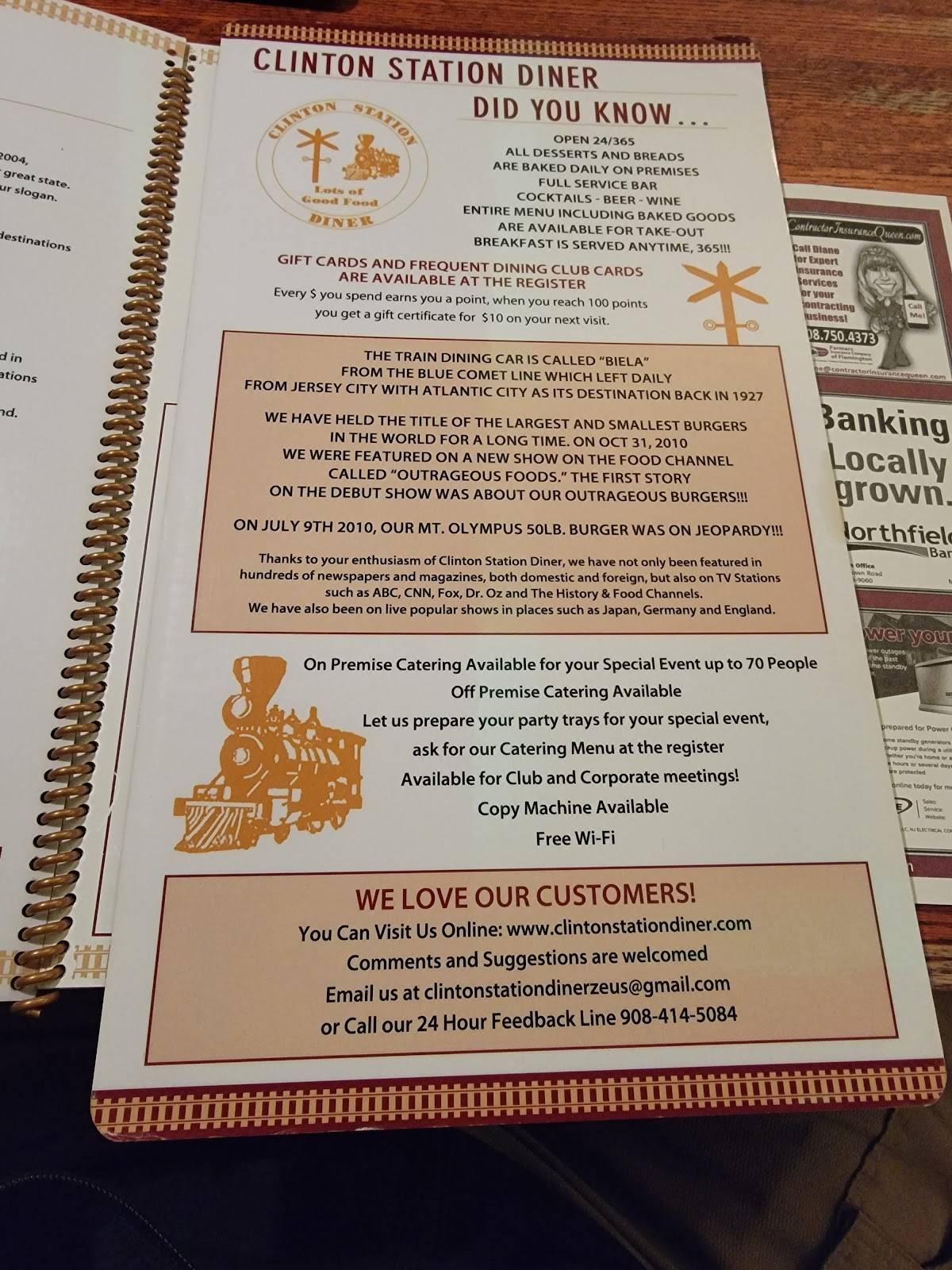 Menu at Clinton Station Diner restaurant, Clinton