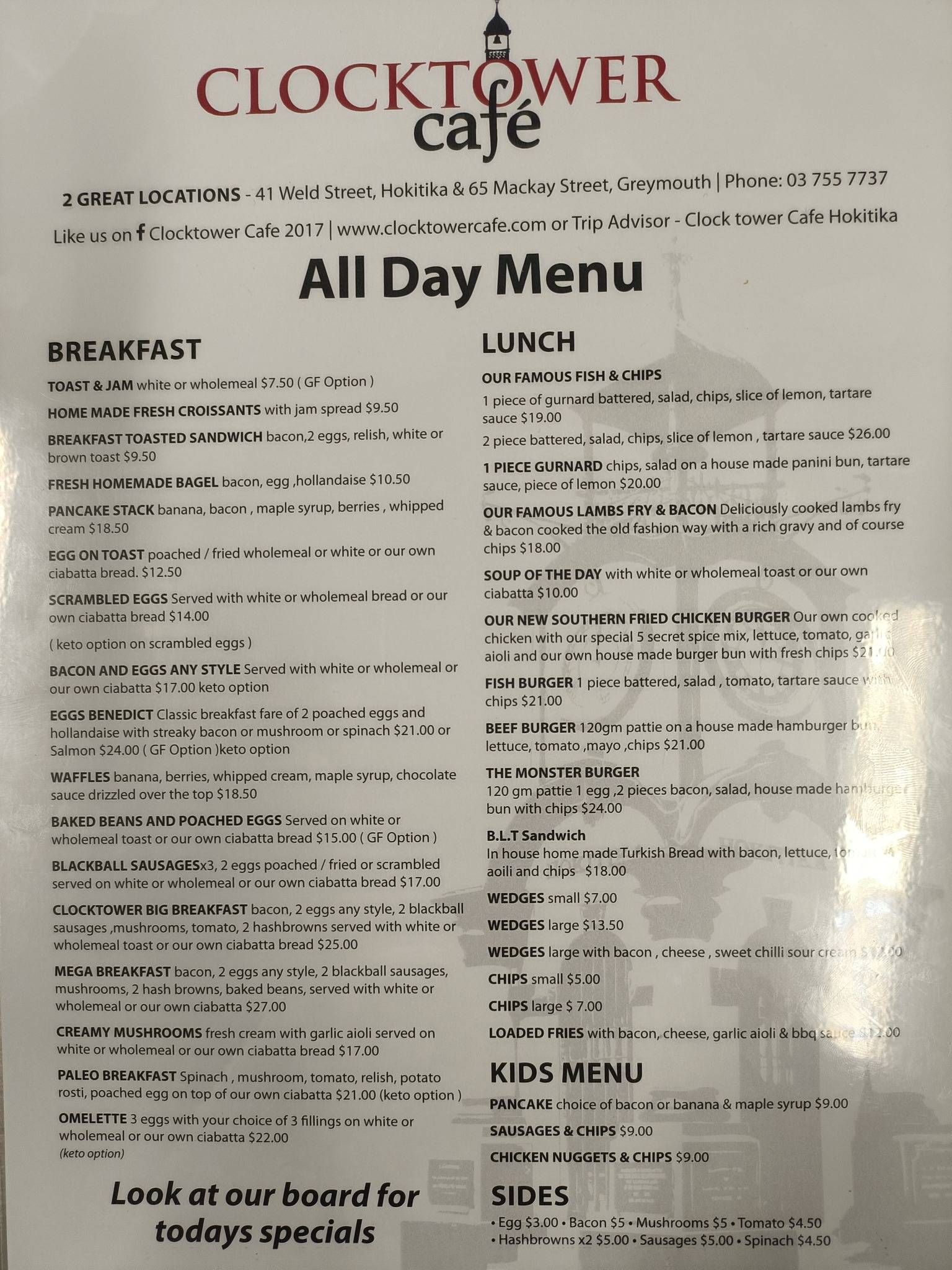 Menu at Clocktower Cafe, Greymouth