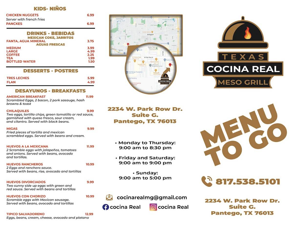 Menu at Cocina Real restaurant, Pantego