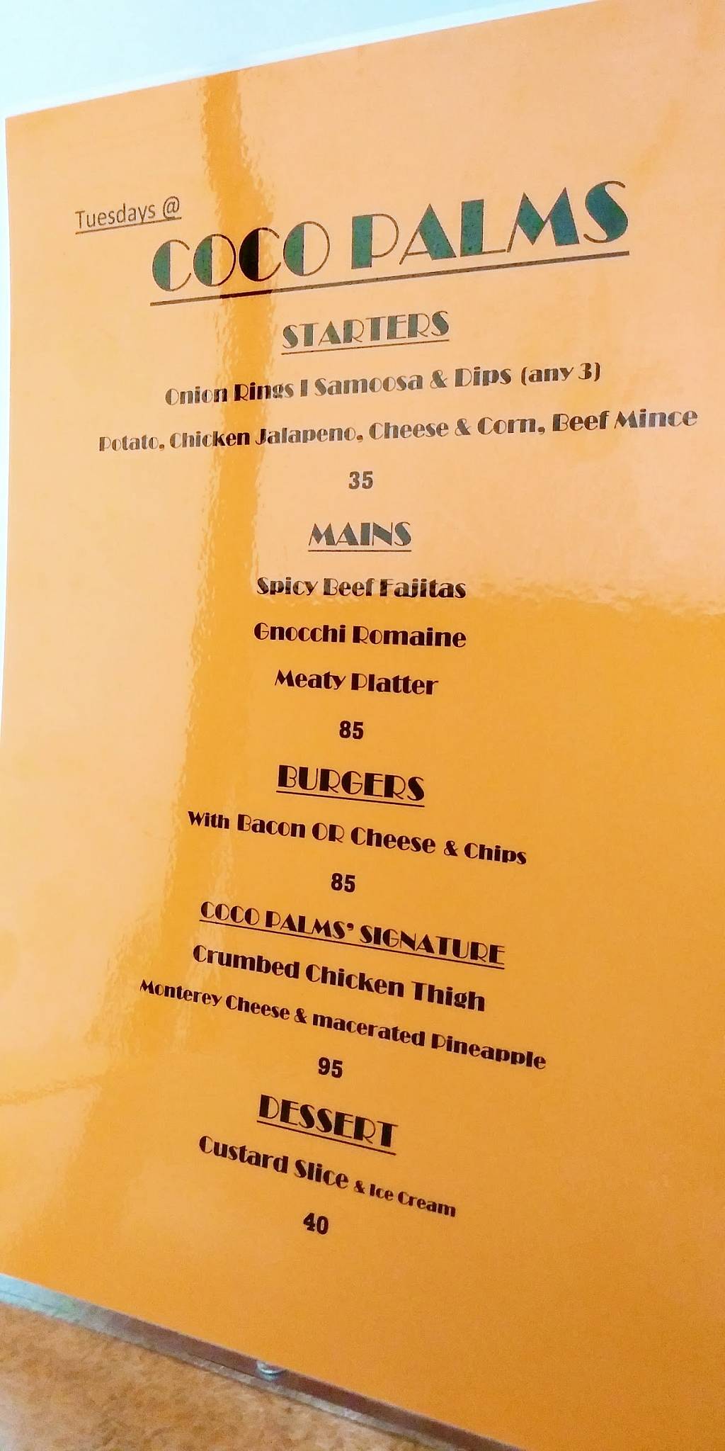 Menu at Coco Palms Sport Bar, Krugersdorp