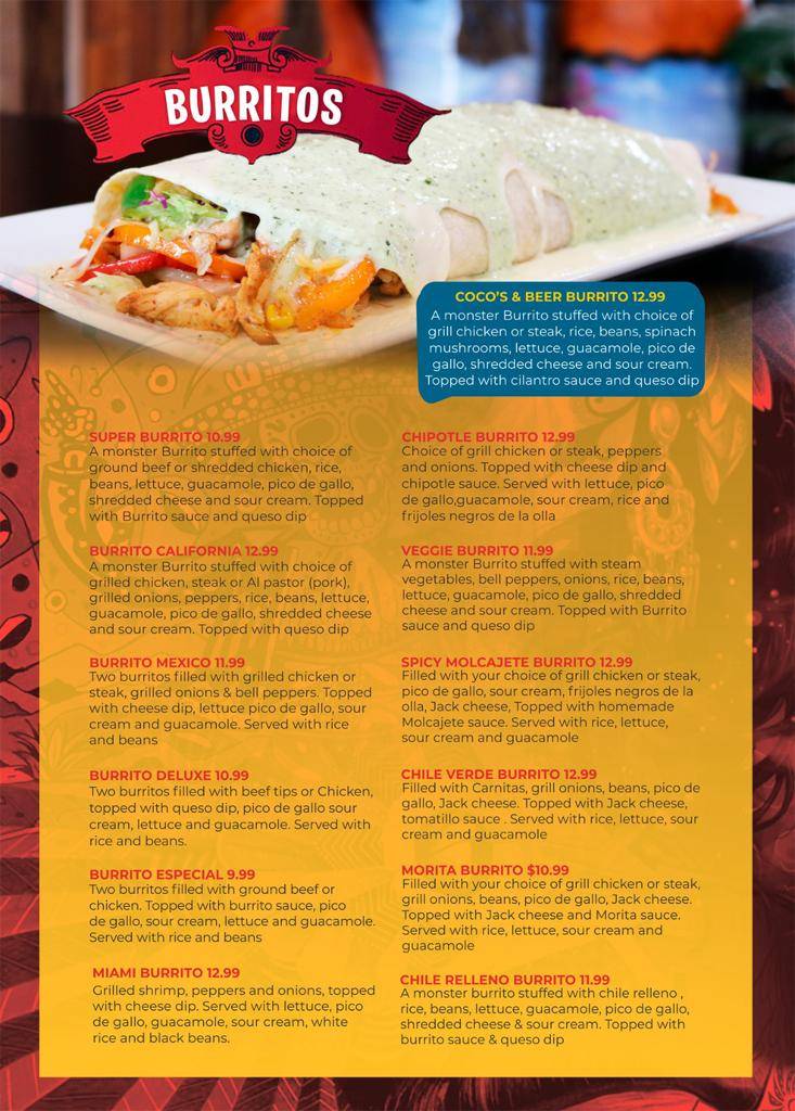Menu at Coco's & Beer Authentic Mexican Grill restaurant, Columbia