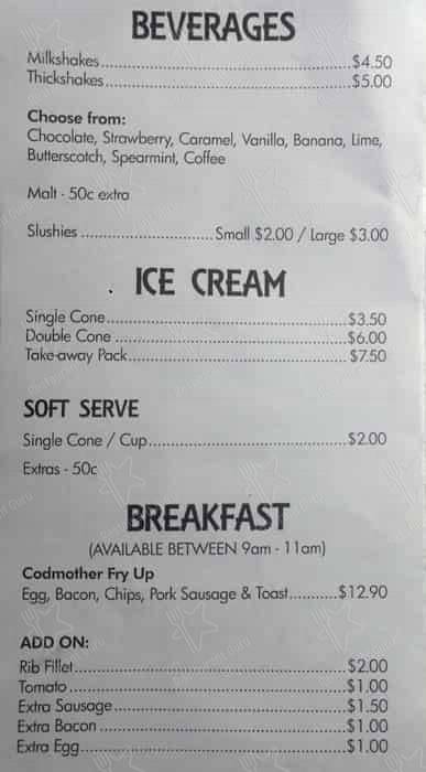 Menu at Codmother restaurant, Narangba