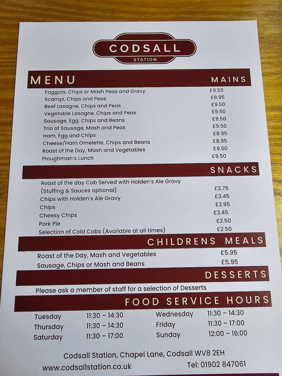 Menu at Codsall Station Pub, Wolverhampton