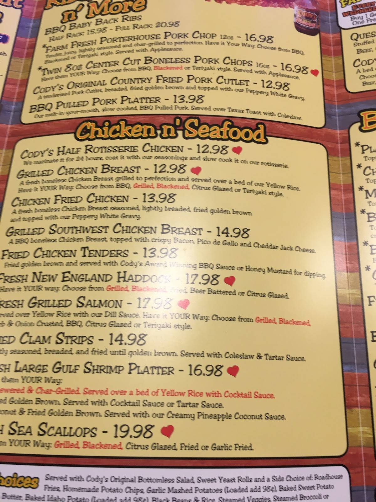 Menu at Cody's Original Roadhouse - Sumter steakhouse, The Villages ...