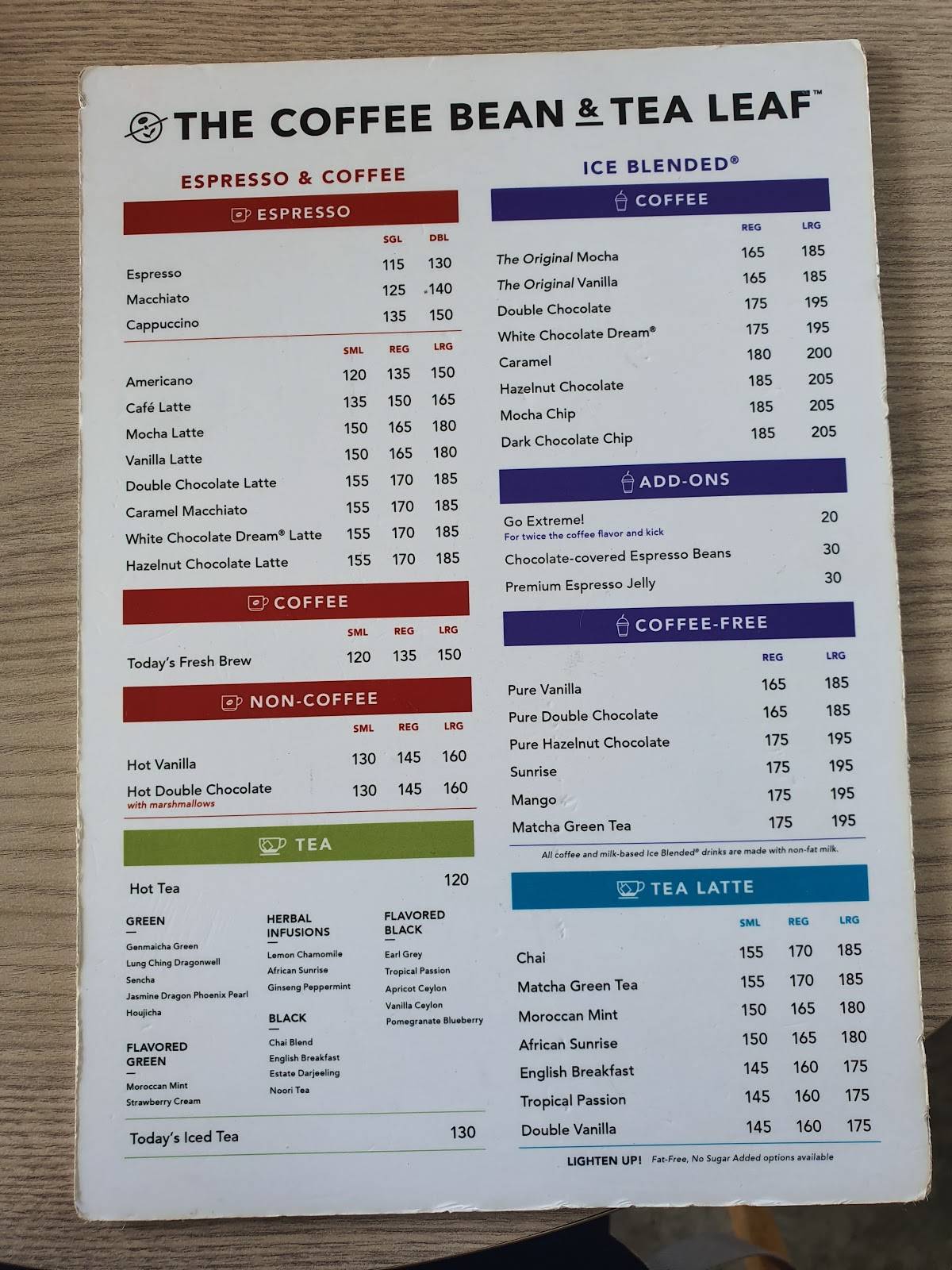 Menu at Coffee Bean and Tea Leaf SM Telabastagan cafe, San Fernando