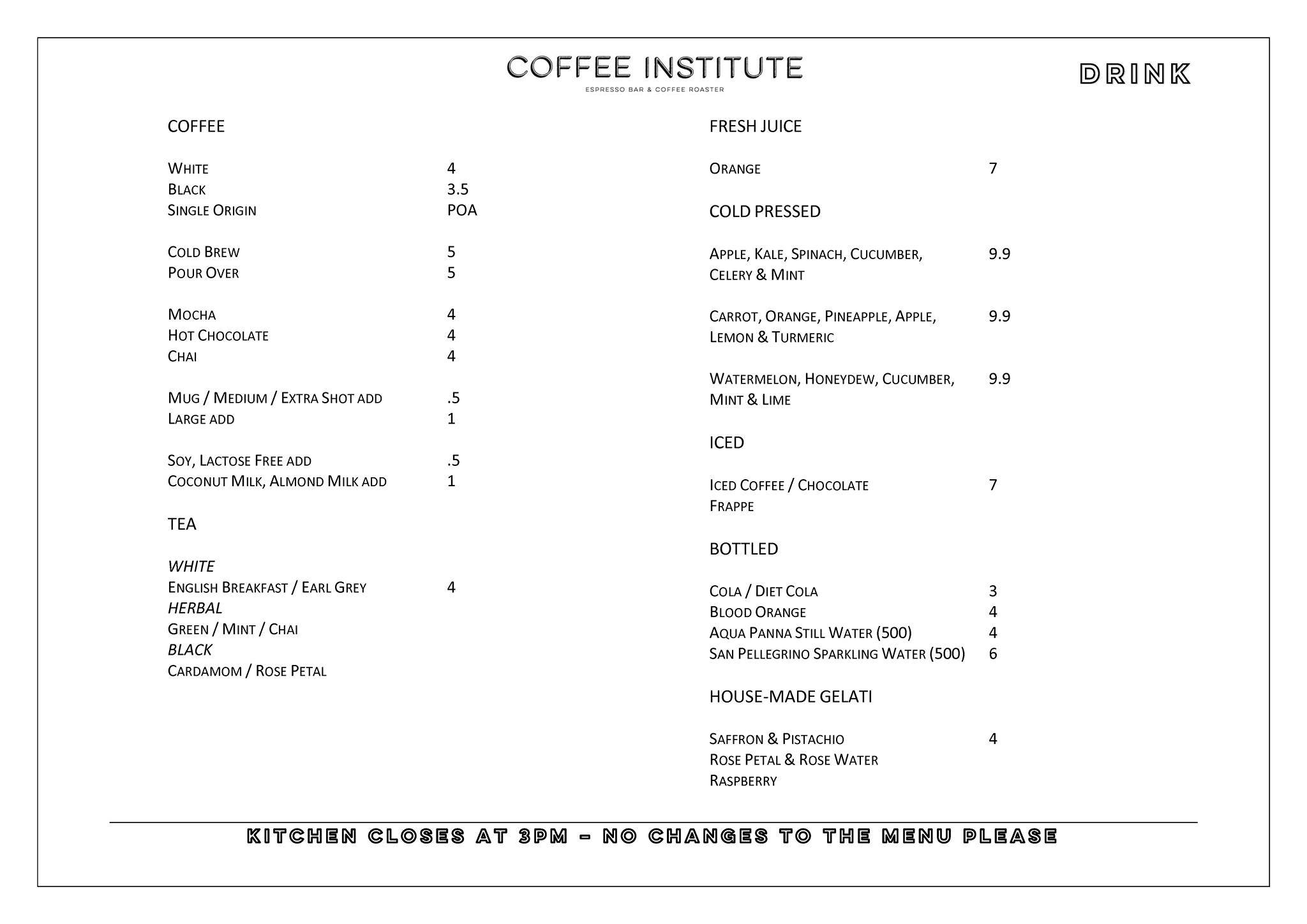Menu at Coffee Institute cafe, Walkerville, 96 Walkerville Terrace