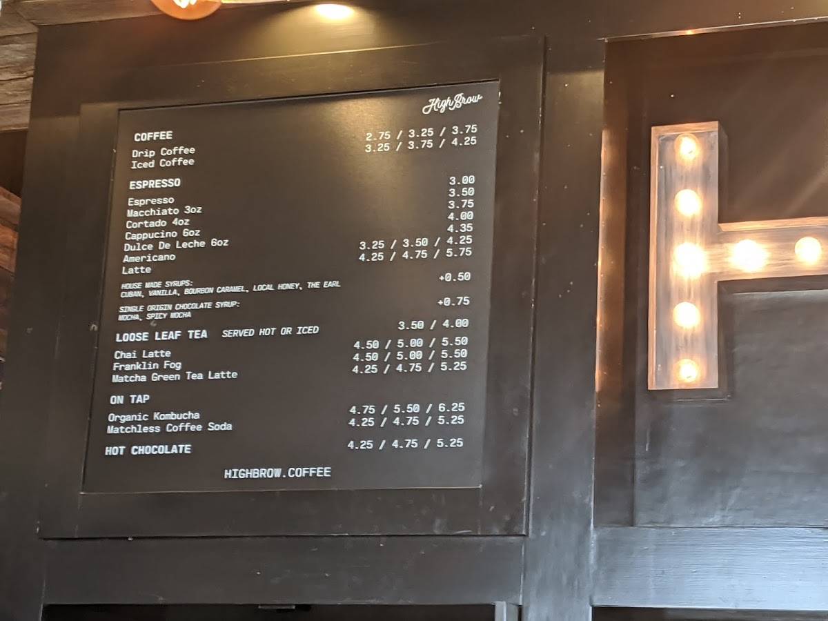Menu at High Brow Coffee coffee house, Franklin