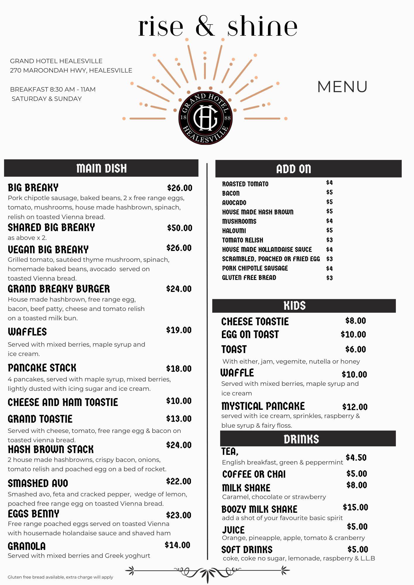 Menu at Grand Hotel Healesville - The Local pub & bar, Healesville