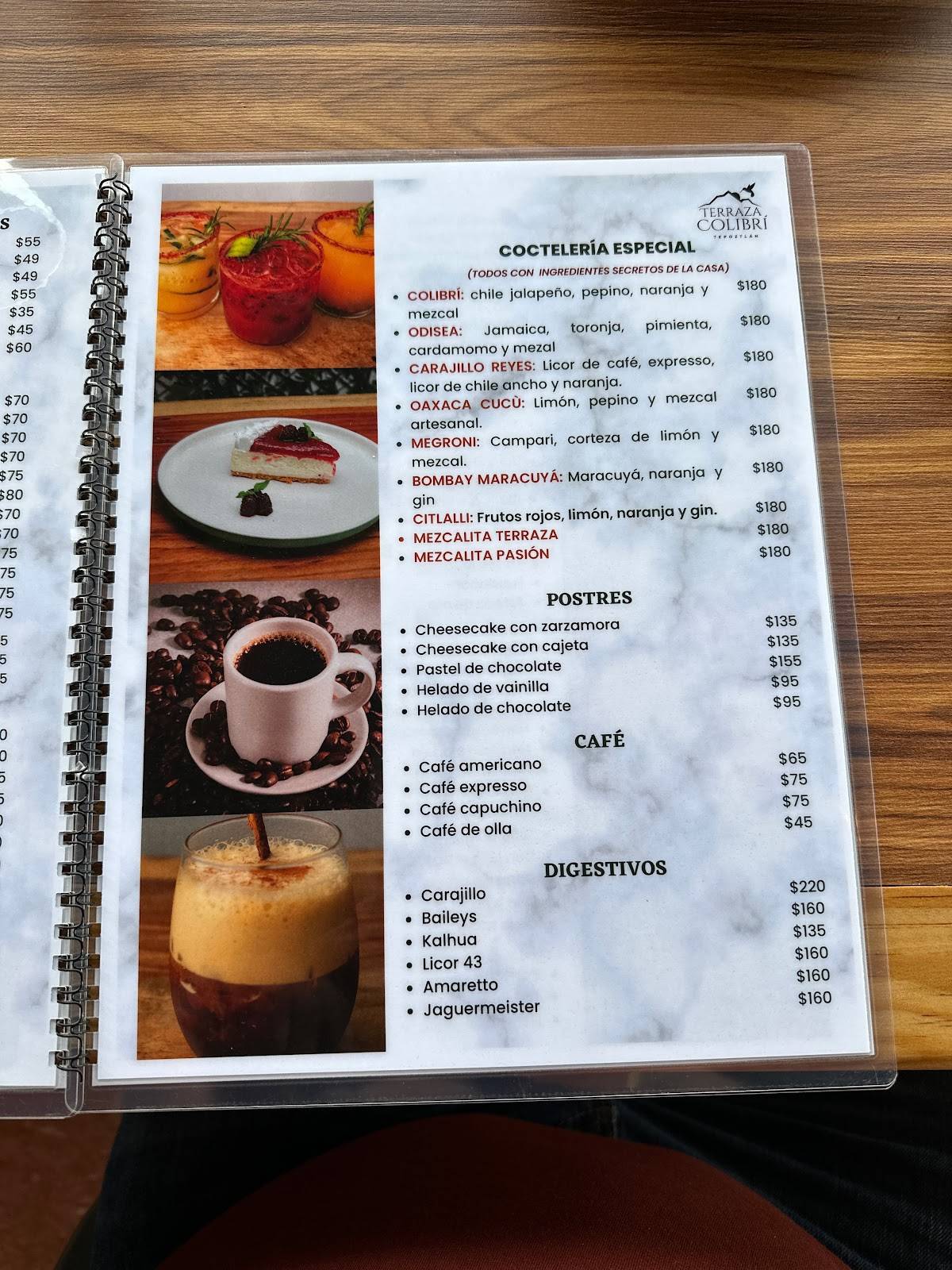 Menu at Colibrí 11:11 restaurant, Tepoztlán
