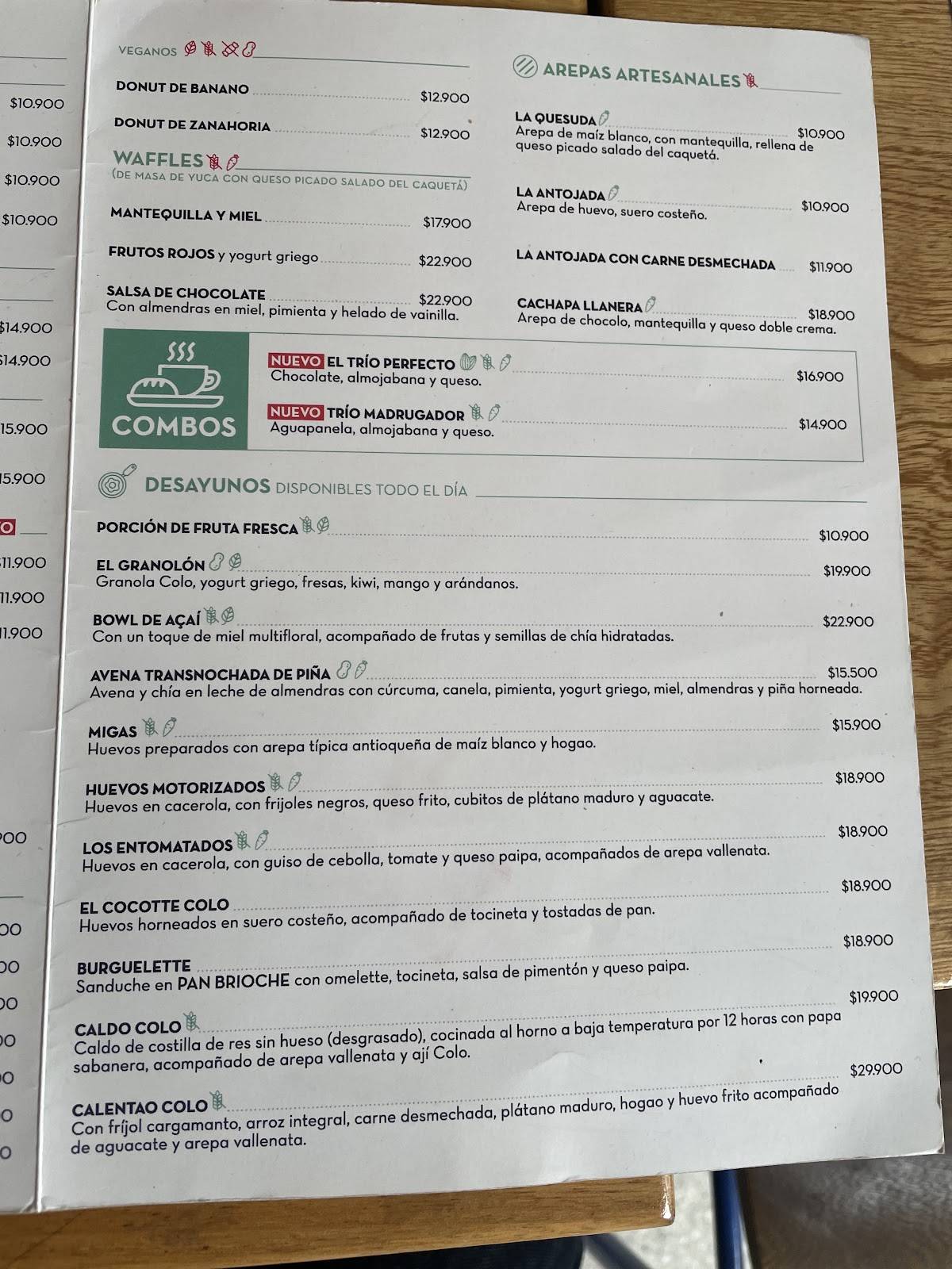 Carta del café Colo Coffee Candelaria, Bogotá