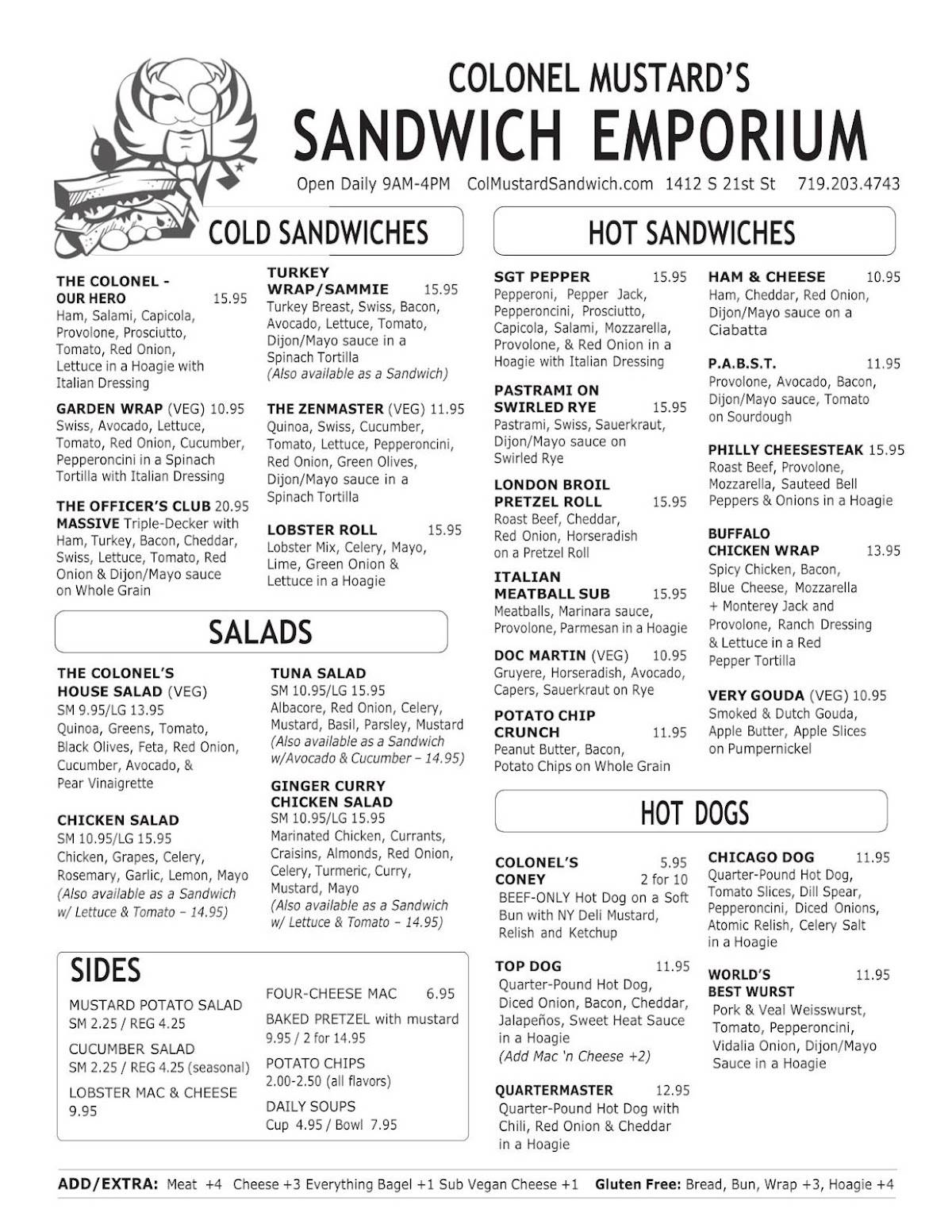 Menu at Colonel Mustard's Sandwich Emporium restaurant, Colorado Springs
