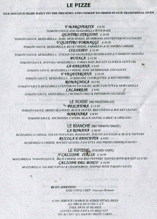 Menu at Colosseo Restaurant, London