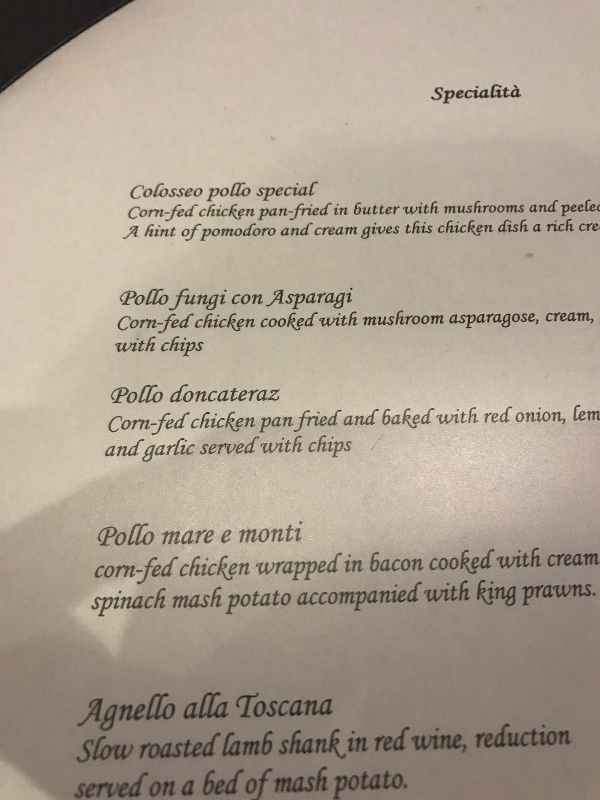 Menu at Colosseo Restaurant, Doncaster
