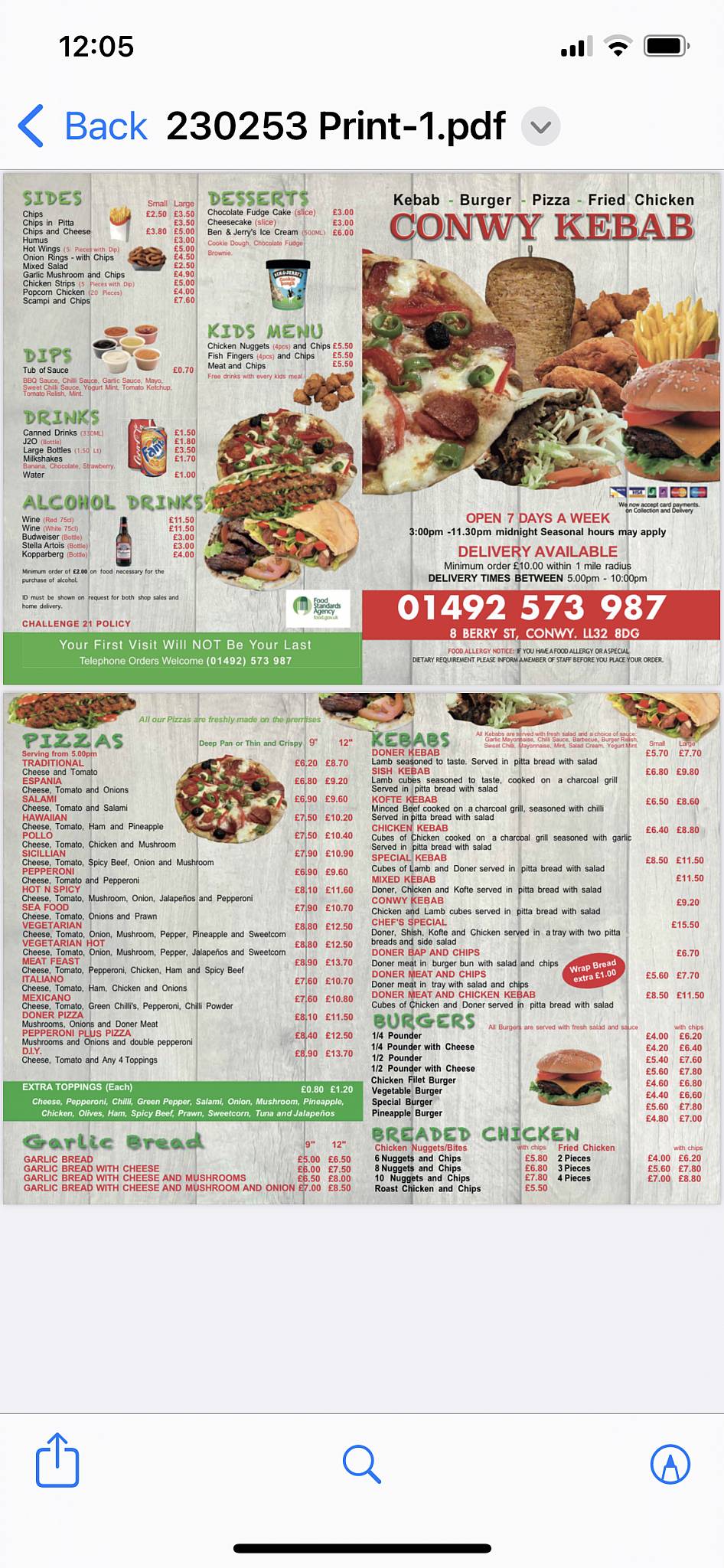 Menu at Conwy Kebab, Burger & Pizza House fast food, Conwy