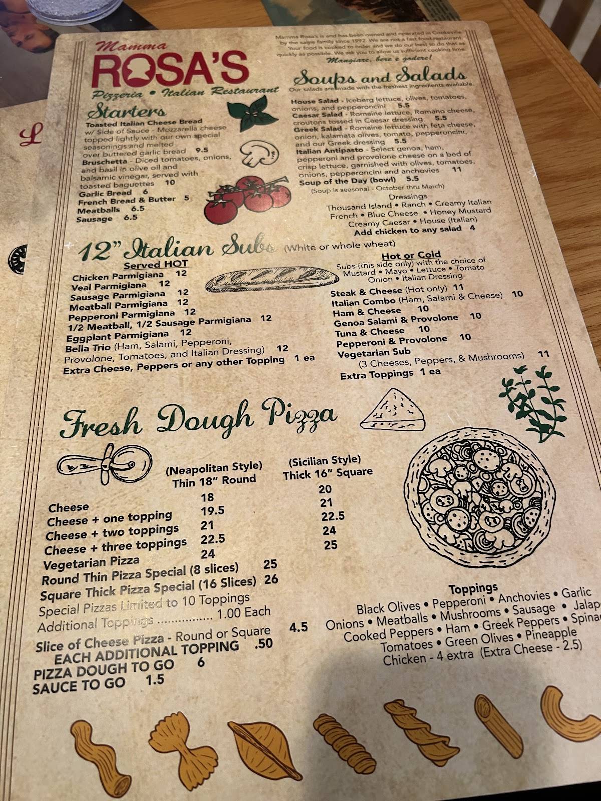 Menu at Mamma Rosa's Italian Restaurant, Cookeville