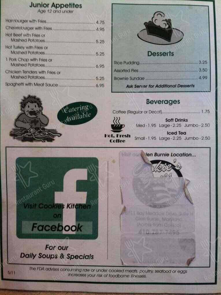 Menu at Cookie's Kitchen restaurant, Pasadena