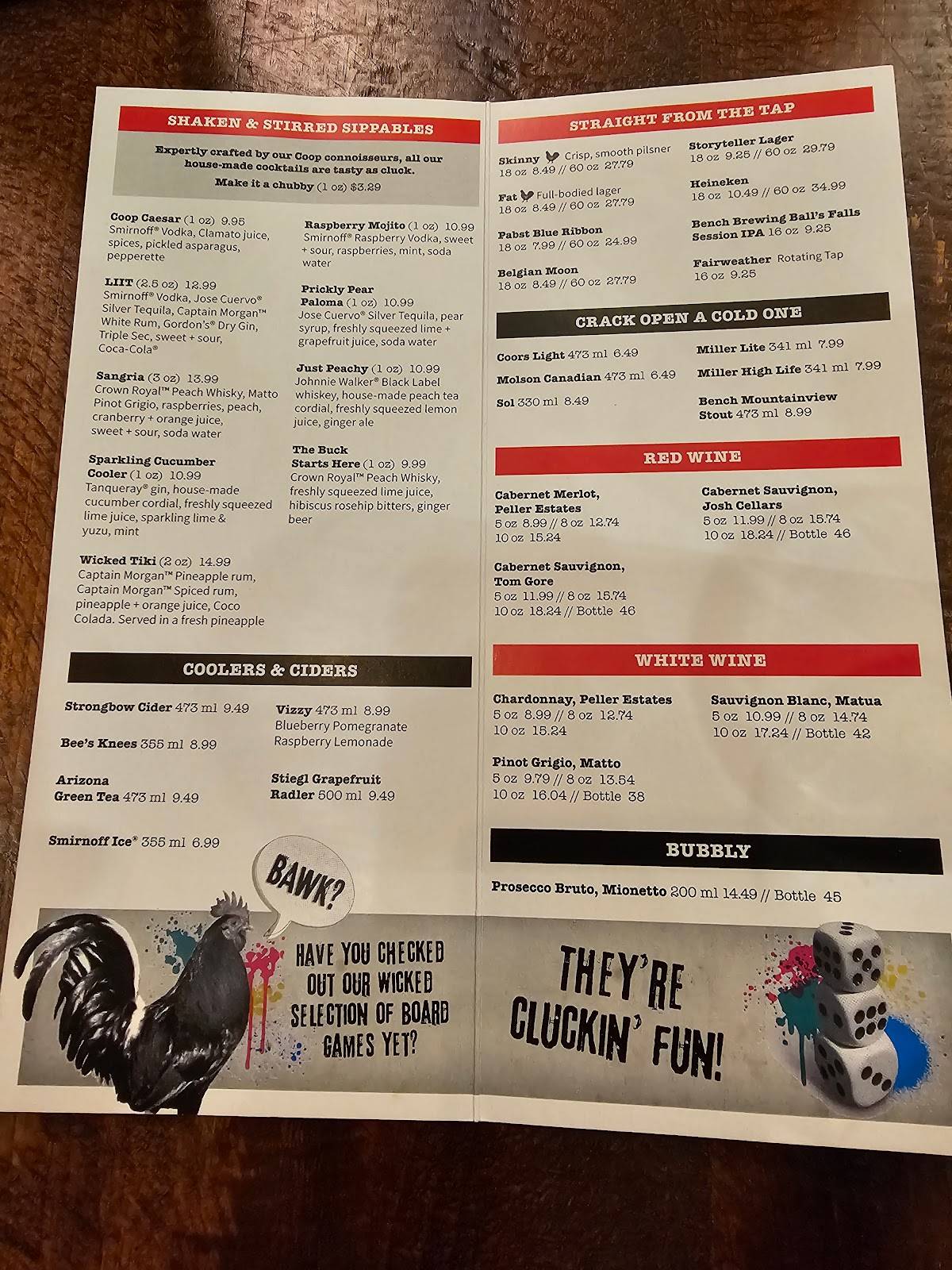 Carta del restaurante Coop Wicked Chicken Niagara, Niagara Falls