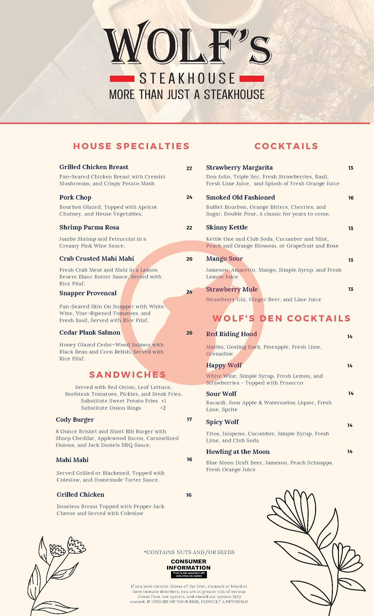 Menu at Wolf's Steakhouse, Cooper City, Stirling Rd