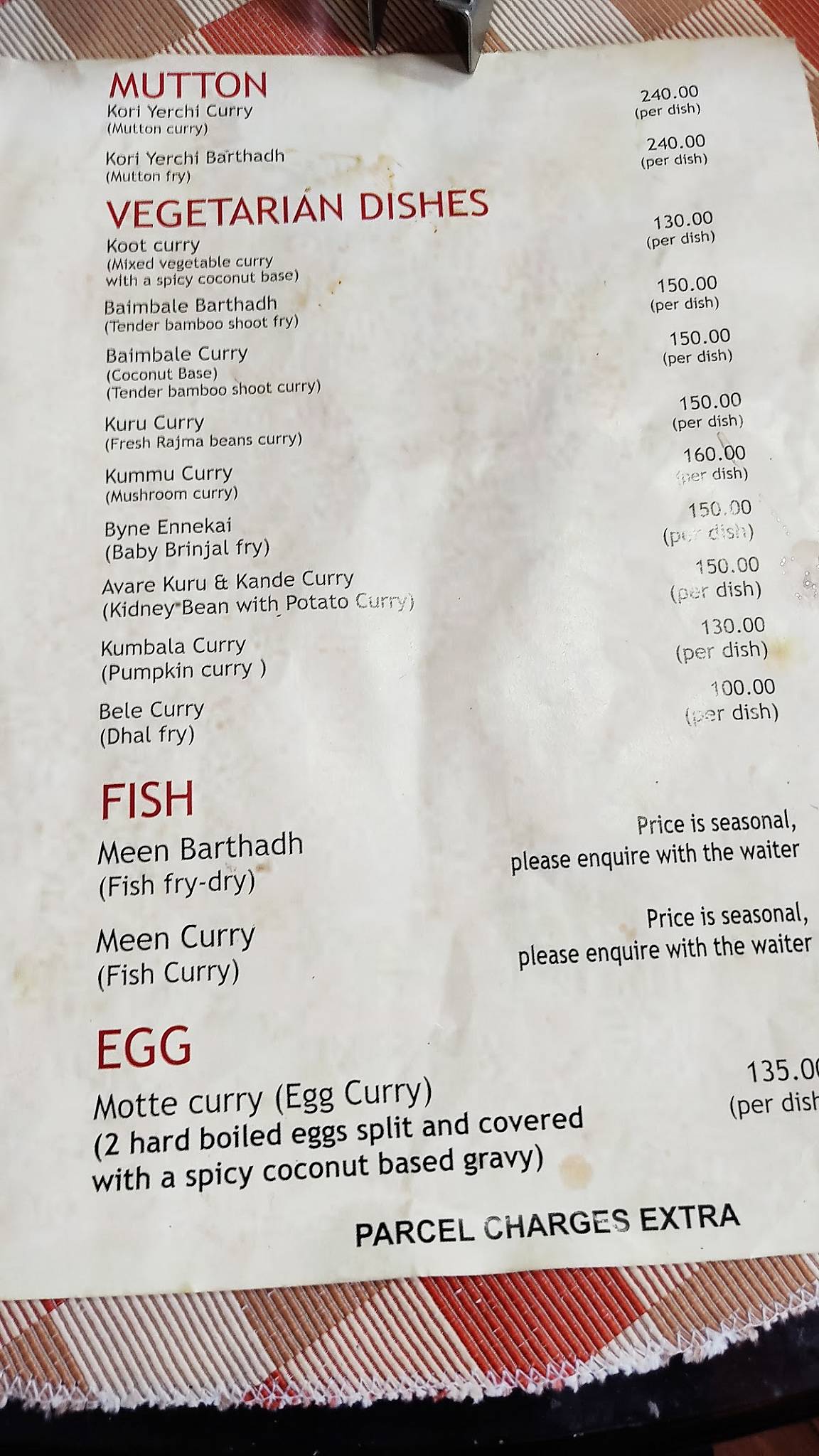 Menu at Coorg Cuisine, Madikeri