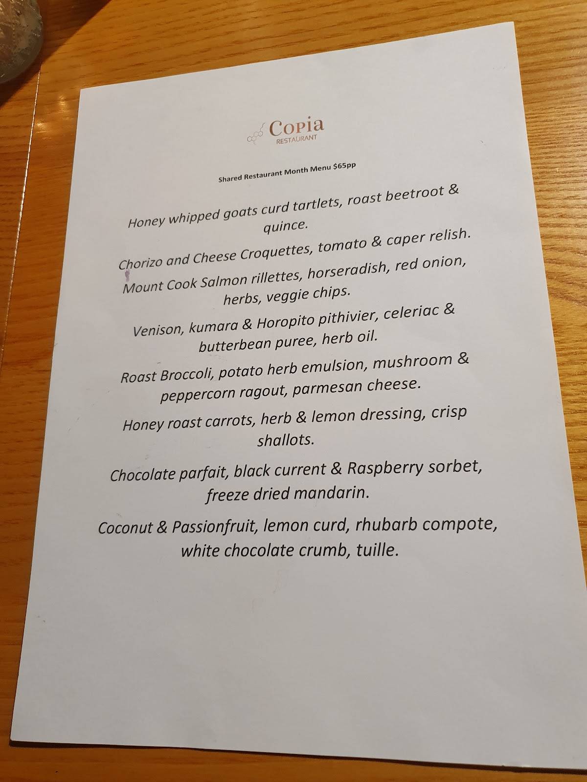 Carta de Copia Restaurant, Auckland