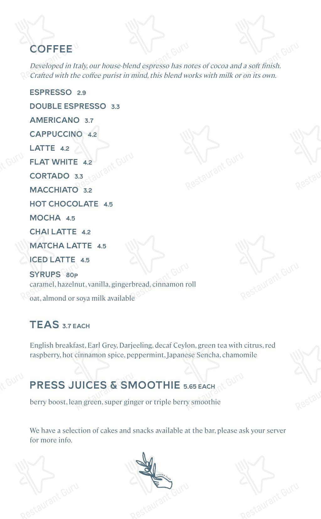 Menu at Coppa Club Tower Bridge, London, 3 Lower Thames St