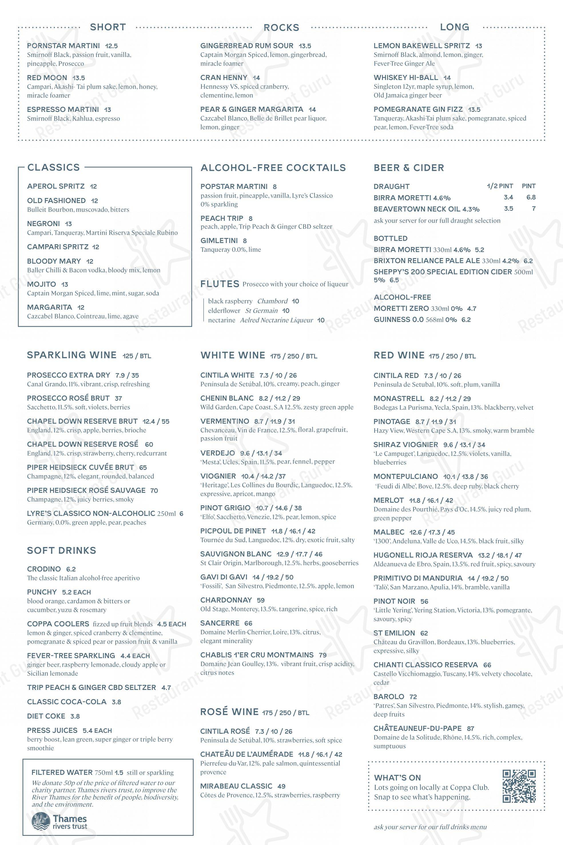 Menu at Coppa Club Tower Bridge, London, 3 Lower Thames St