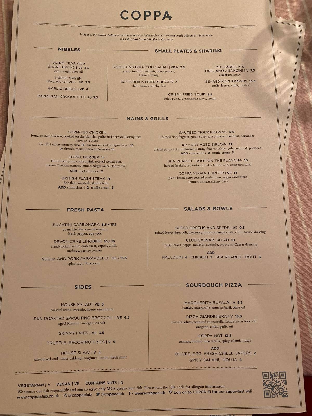 Menu at Coppa Club Tower Bridge, London, 3 Three Quays Walk