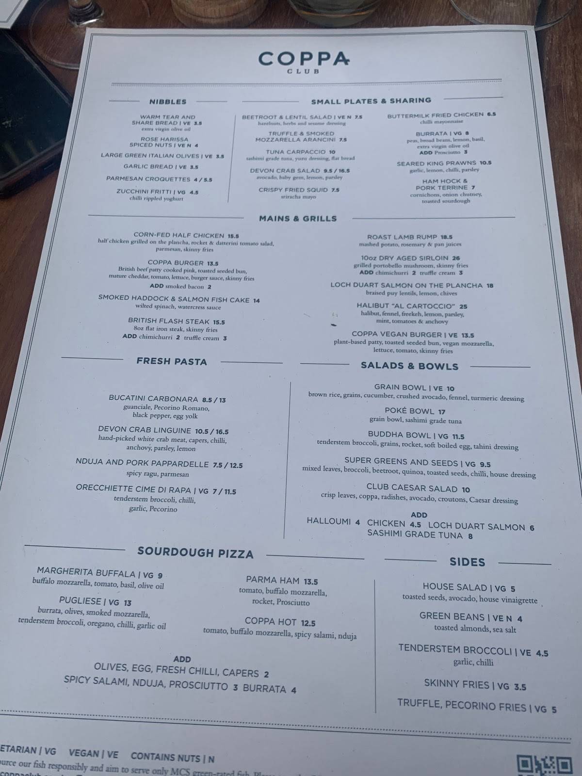Menu at Coppa Club Tower Bridge, London, 3 Three Quays Walk