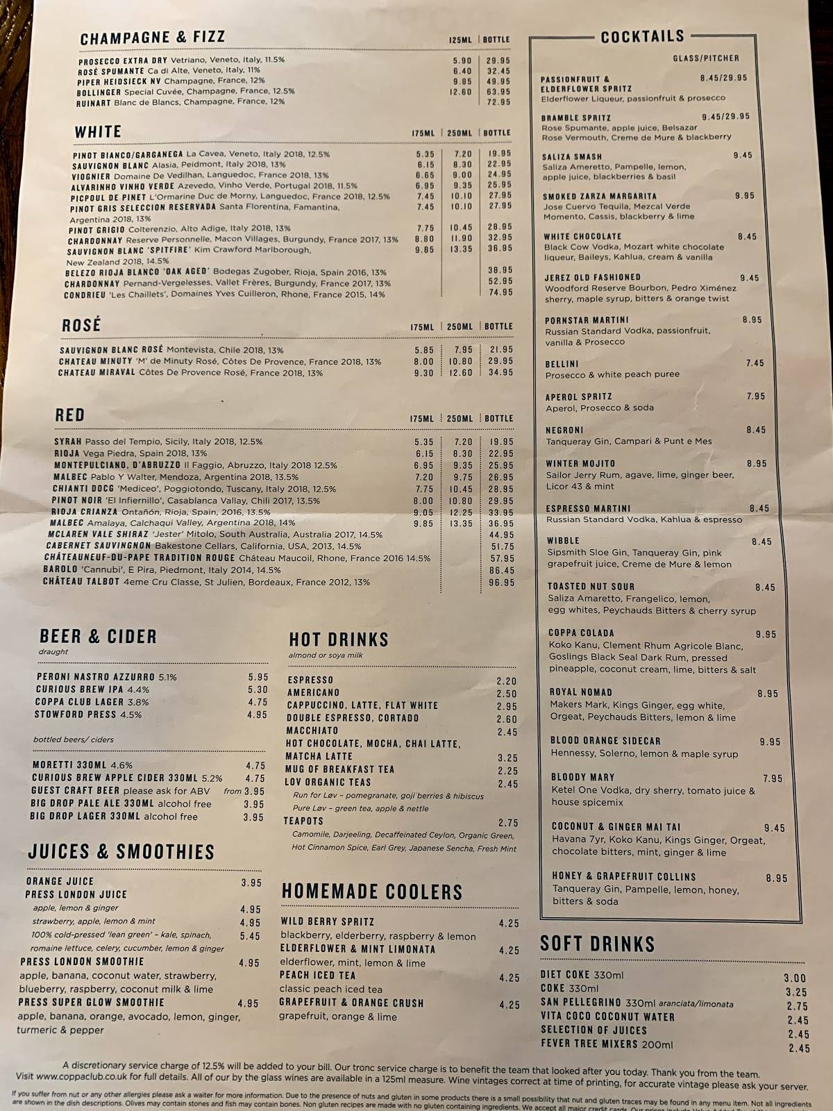 Menu at Coppa Club Tower Bridge, London, 3 Three Quays Walk