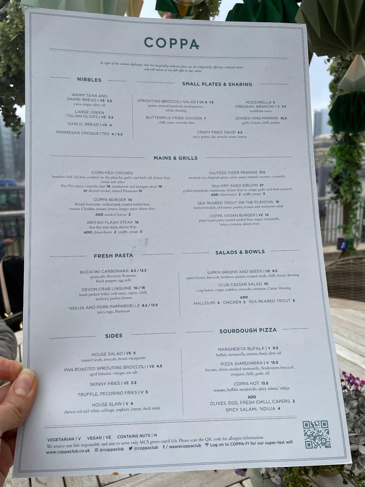 Menu at Coppa Club Tower Bridge, London, 3 Three Quays Walk