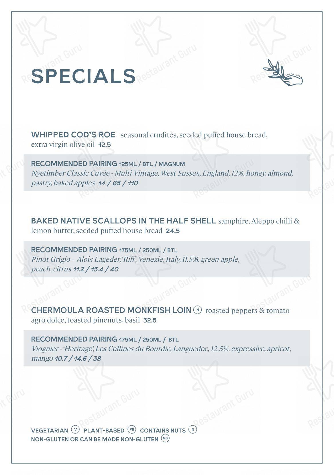 Menu at Coppa Club Tower Bridge, London, 3 Lower Thames St